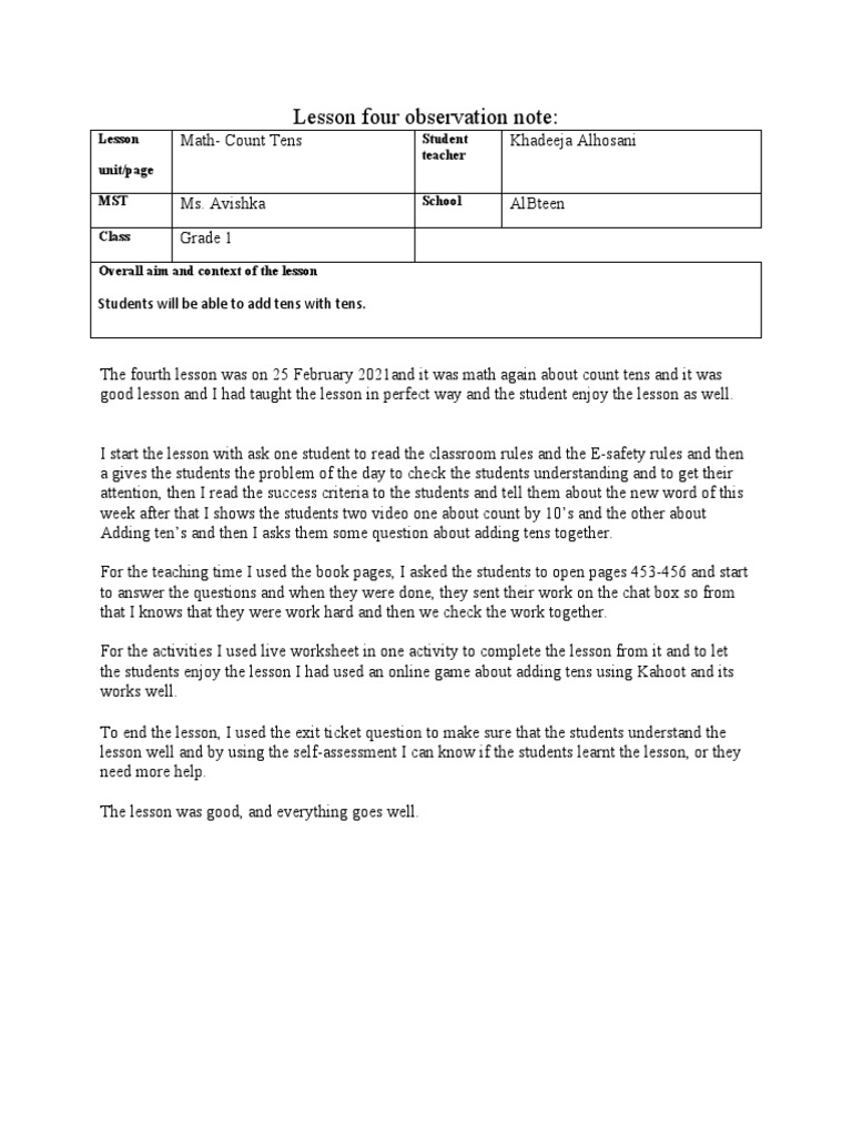 Lesson Four Observation Note | PDF