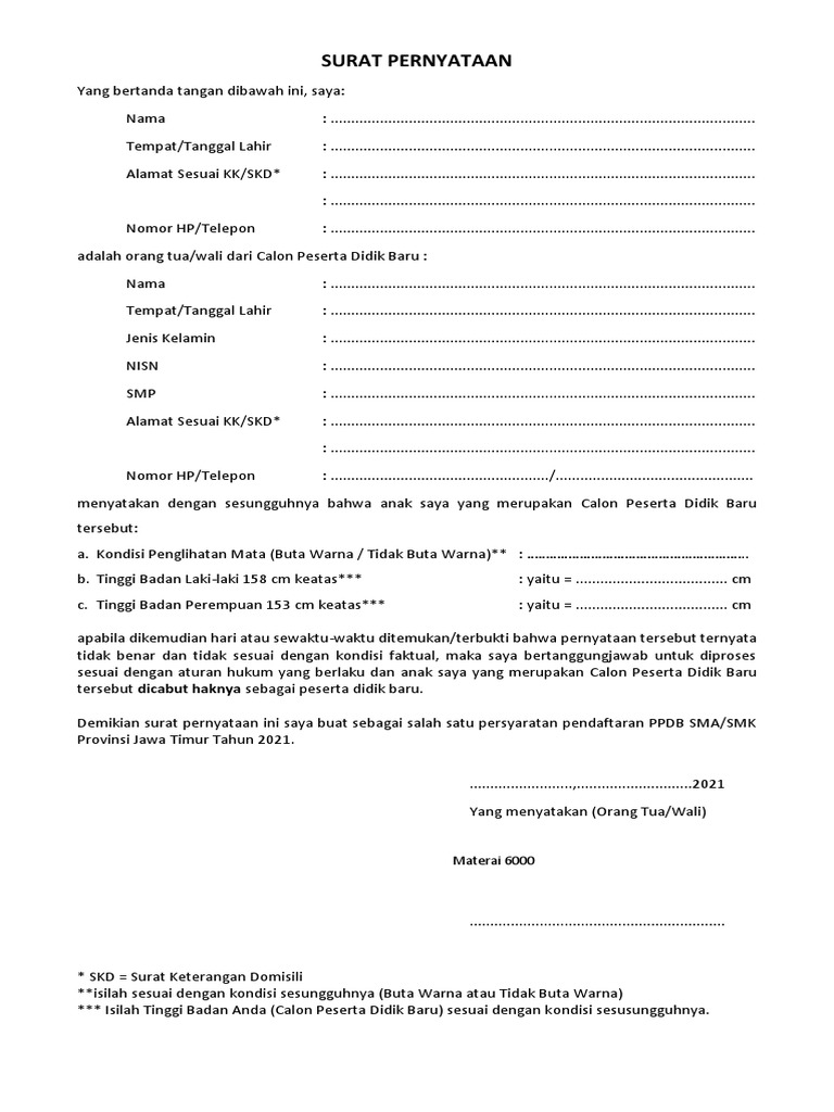 Surat Pernyataan Kesehatan PPDB 2021 | PDF | Hukum