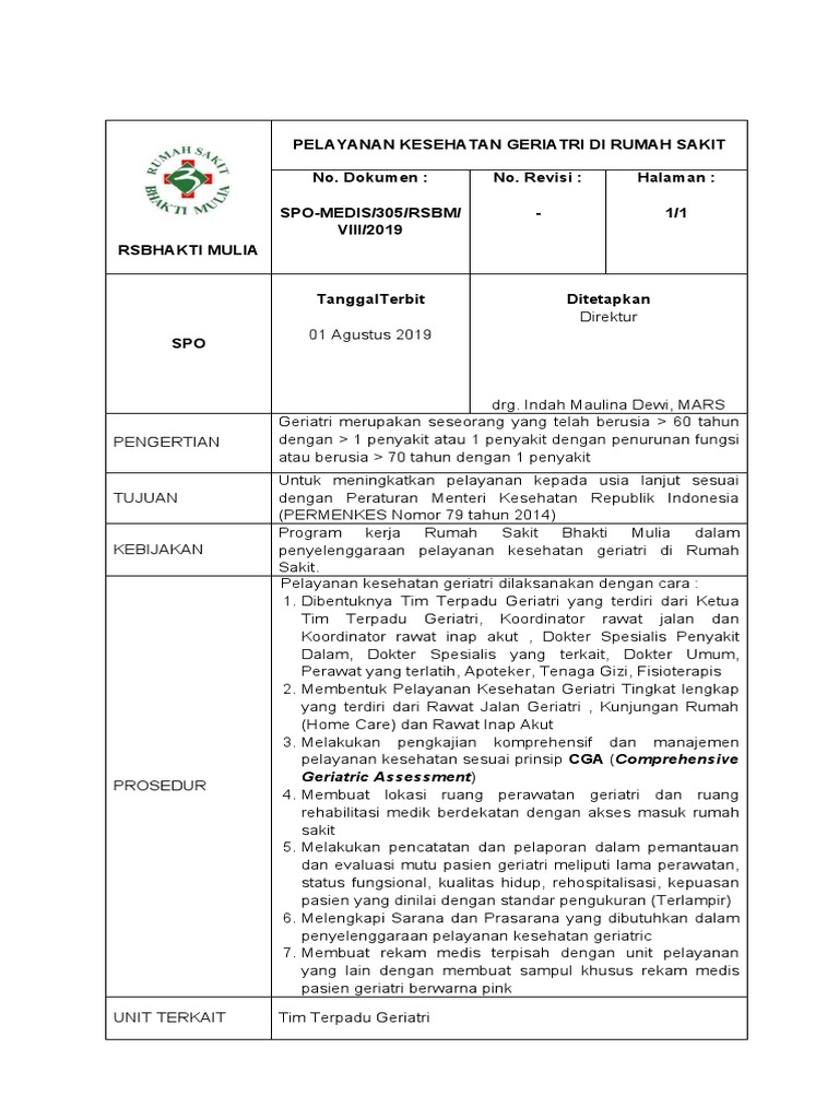 SPO Pelayanan Kesehatan Geriatri Di RSBM | PDF