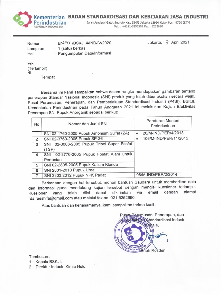 214628383215470307-359. Surat Pengantar Kuesioner Kajian SNI Pupuk | PDF