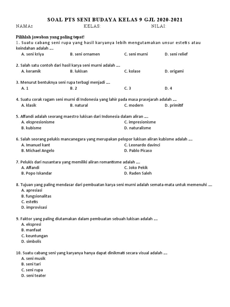Soal PTS Sby KLS 9 (A+b+c) GJL 20-21 New | PDF
