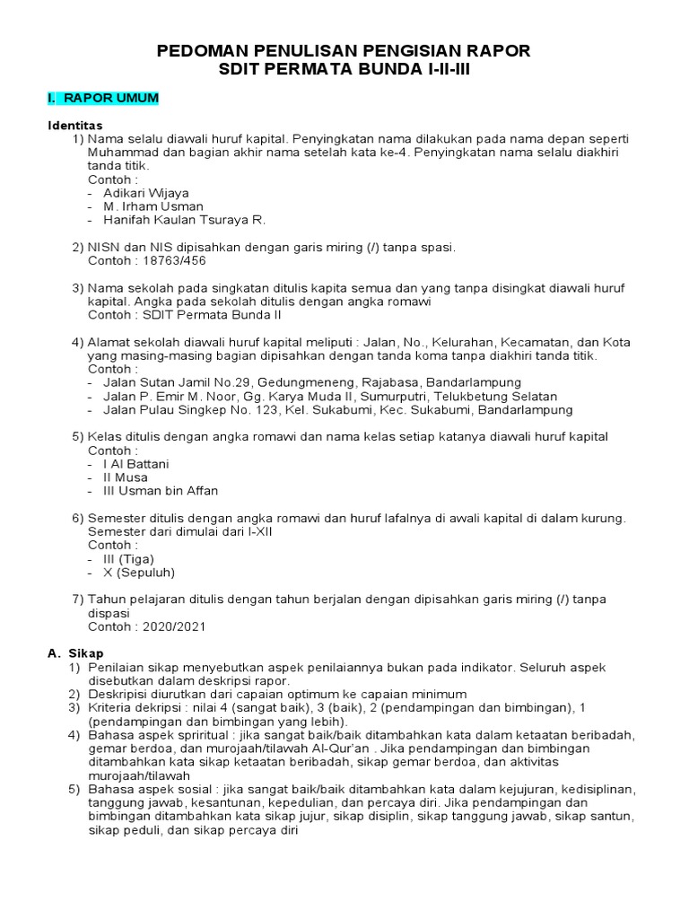 Revisi Pedoman Dan Contoh Deskripsi Rapor | PDF