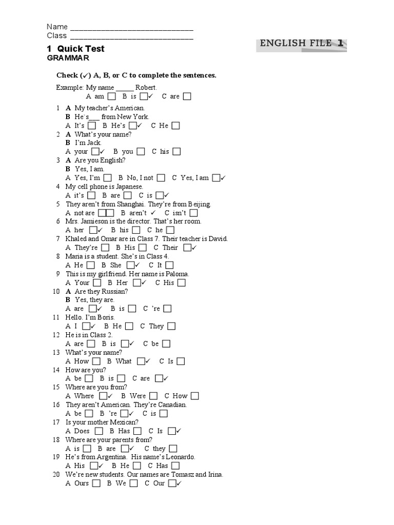 1 Quick Test: Grammar Check ( ) A, B, or C To Complete The Sentences ...