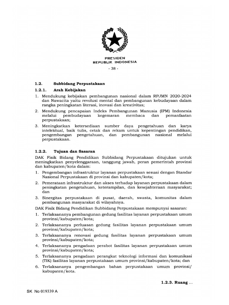 Juknis Perpus 2020 2. Lampiran I Perpres Nomor 88 Tahun 2019 Petunjuk Teknis Dana Alokasi Khusus ...