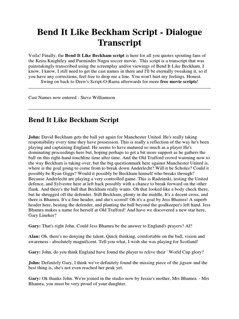 Bend It Like Beckham Script Transcript | PDF | David Beckham | Sports