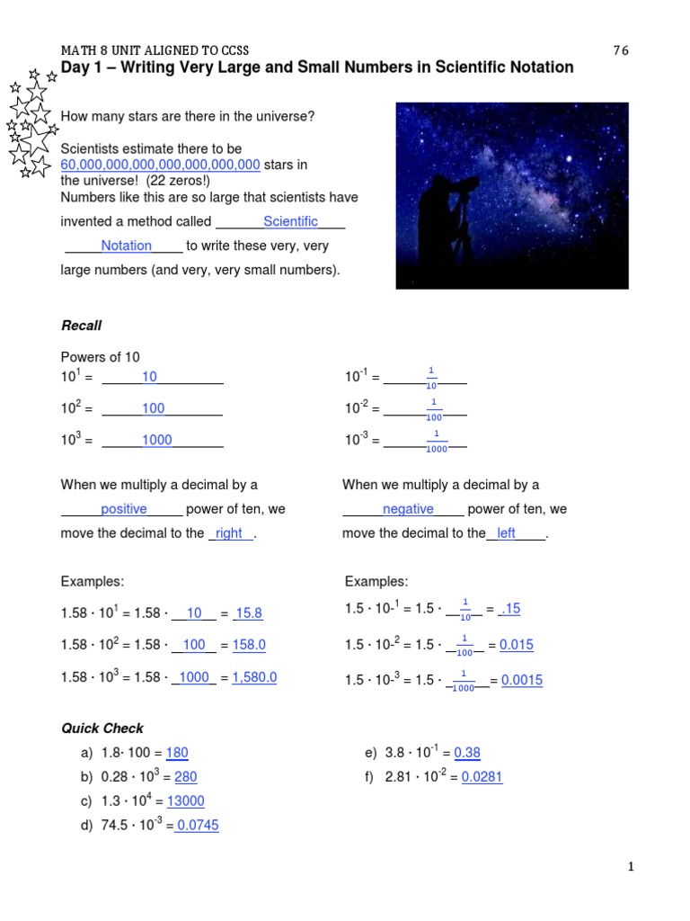 Writing Numbers in Scientific Notation Notes Key | PDF | Decimal ...