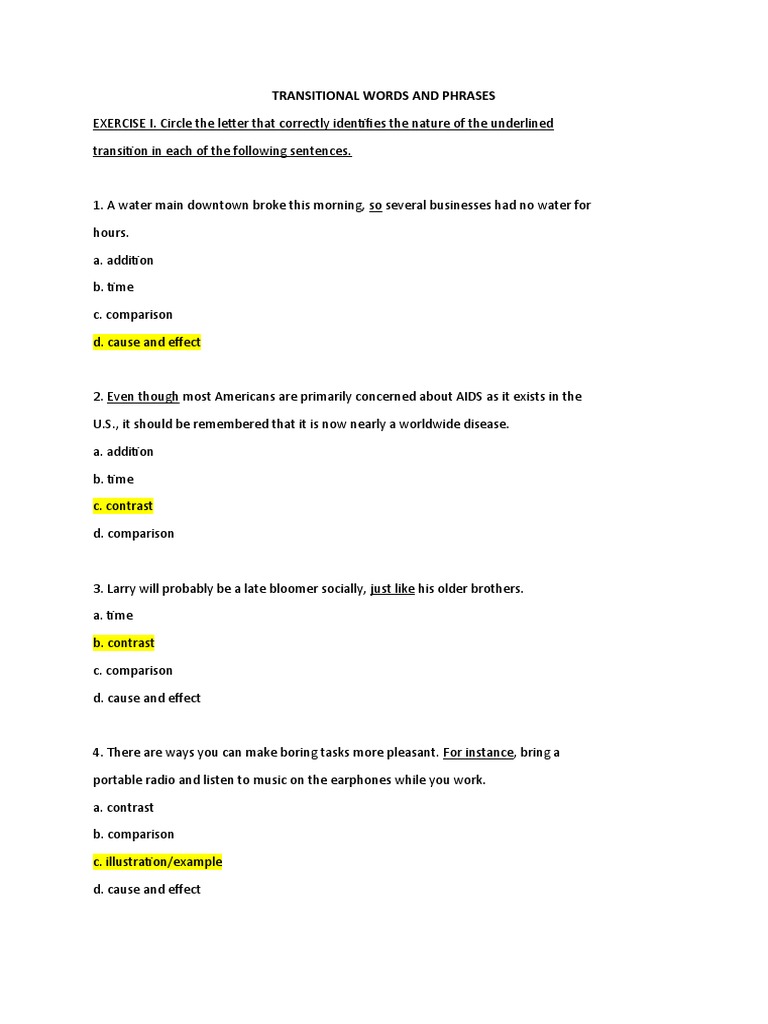 Transitional Words and Phrases Exercises | PDF