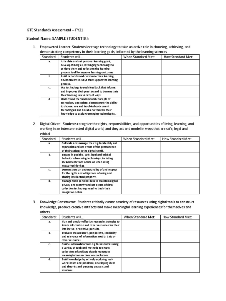 Iste Standards Assessment Sample Student 9th Fy21 | PDF | Design | Learning