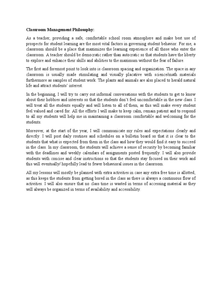 Classroom Management Philosophy | PDF