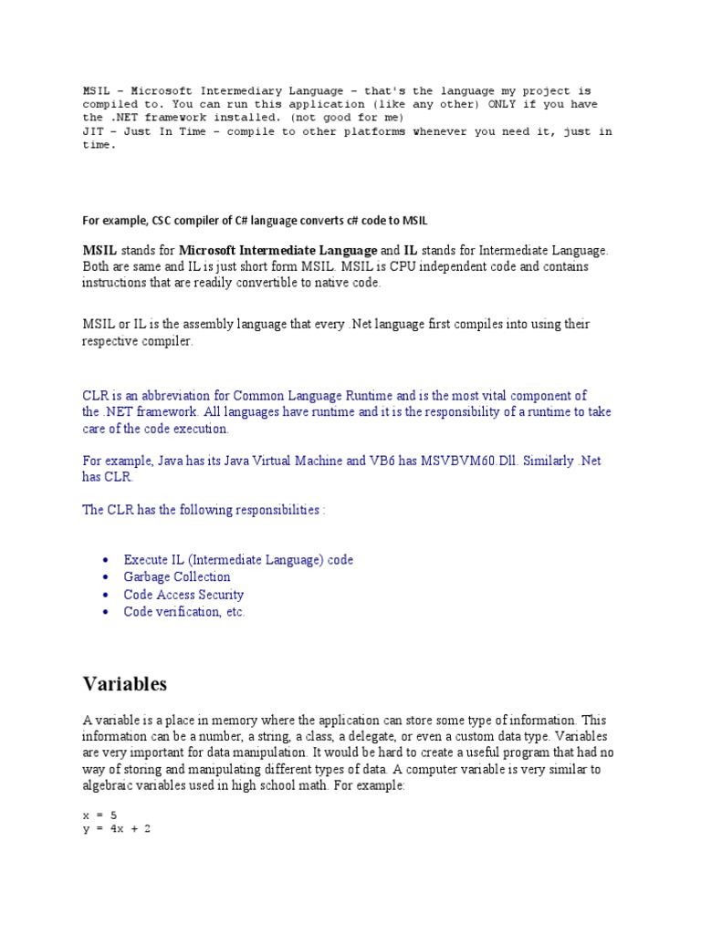 Variables Msil Stands For Microsoft Intermediate Language And Il