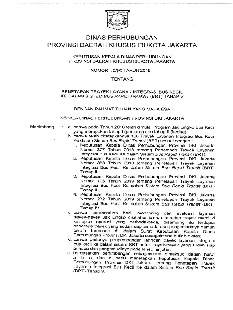 SK No 275 TH 2019 TTG Penetapan Trayek Layanan Integrasi Bus Kecil Ke ...