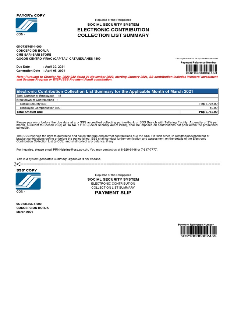 SSS Contribution Summary March 2021 | PDF | Social Security (United ...