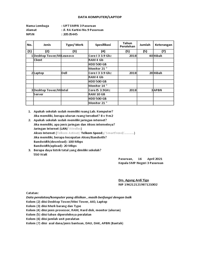 Form Rekap Data Komputer Sekolah 2021 Smpn3pas | PDF