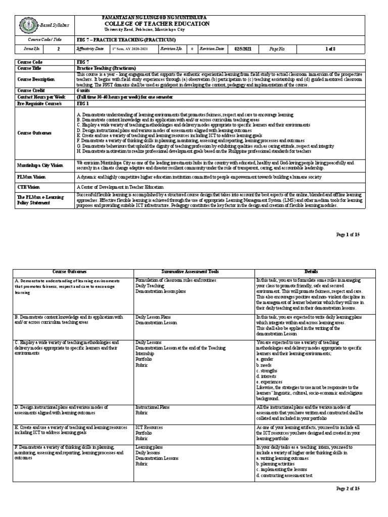 College of Teacher Education: Outcomes-Based Syllabus | PDF ...