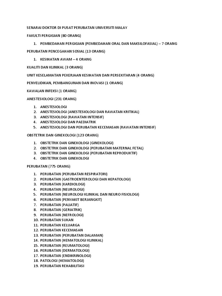 Senarai Doktor Di Pusat Perubatan Universiti Malay | PDF