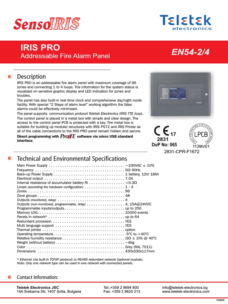 Iris Pro: Addressable Fire Alarm Panel | PDF | Telecommunications ...