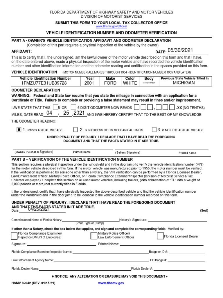 Vehicle Identification Number and Odometer Verification ...