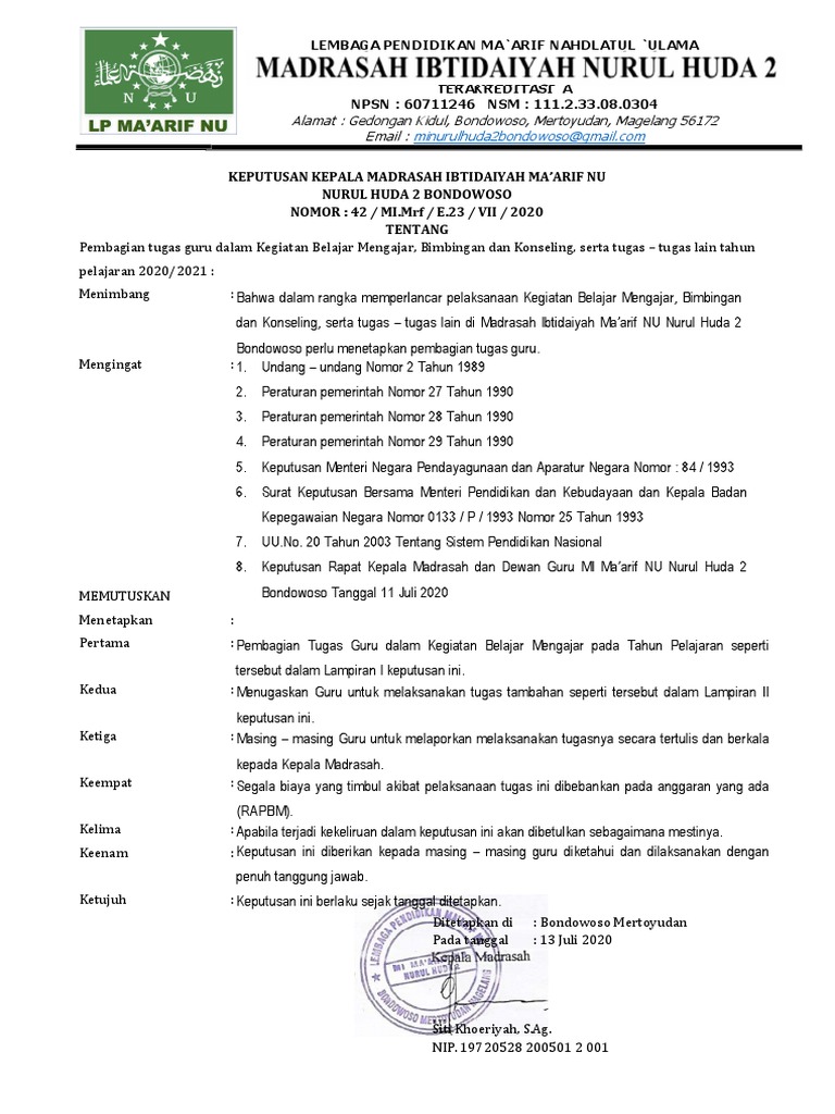 SK Pembagian Tugas 2020 - 2021 | PDF