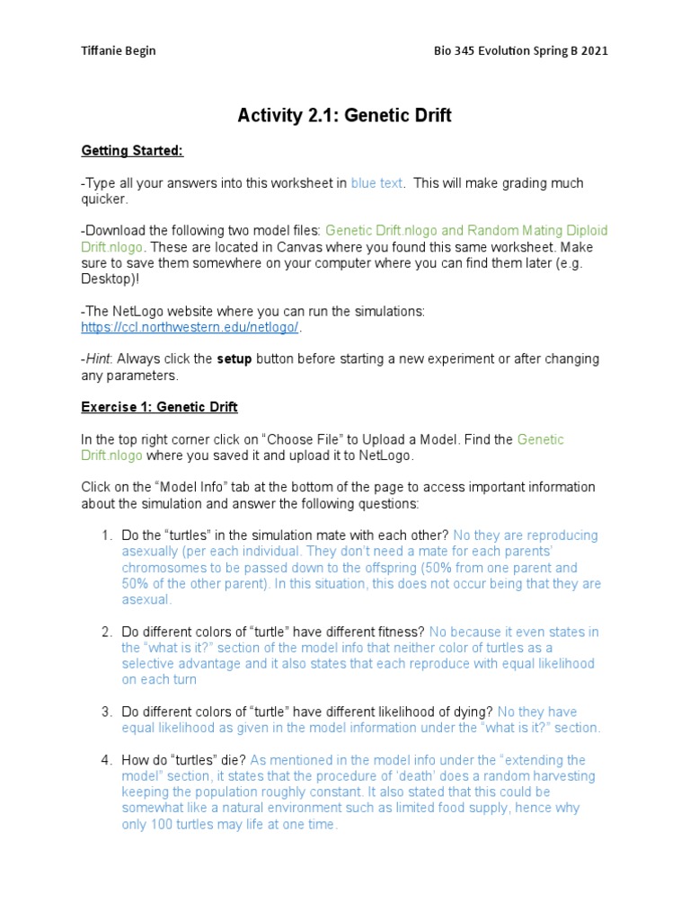 Bio 345 Evolution Activity 2.1 Genetic Drift (Hardy-Weinberg ...
