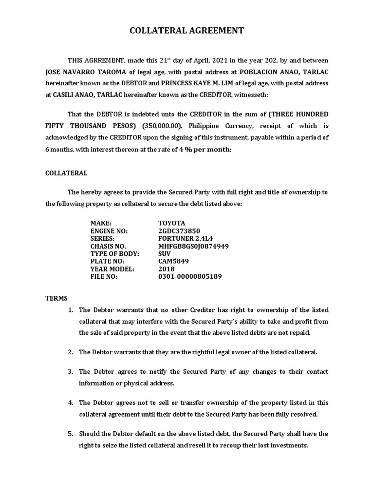 Collateral Agreement: % Per Month | PDF | Debtor | Debt