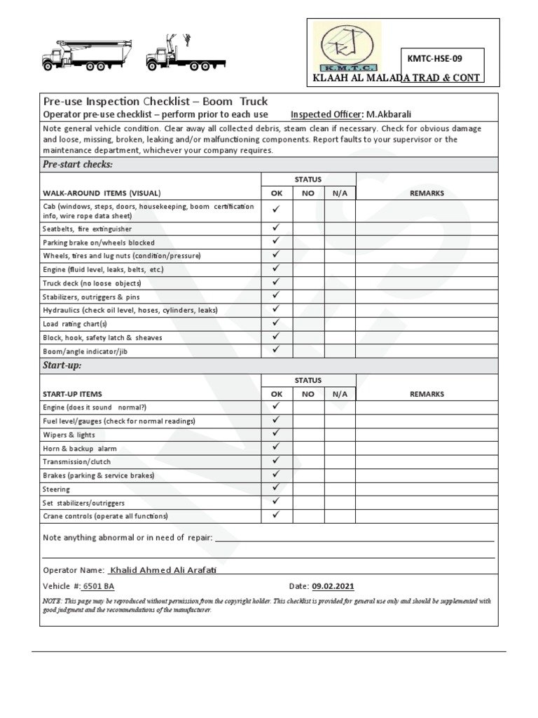 Pre-Use Inspection Checklist - Boom Truck | PDF | Crane (Machine ...