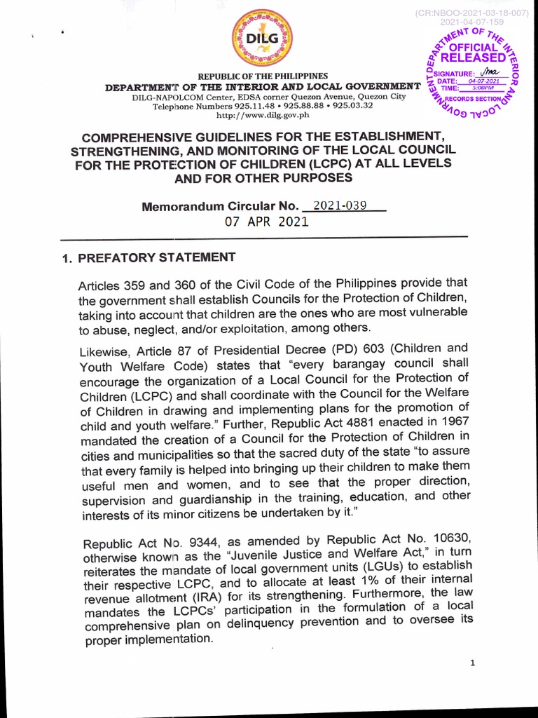 DILG MC 2021-039 Comprehensive Guidelines For The Establishment ...