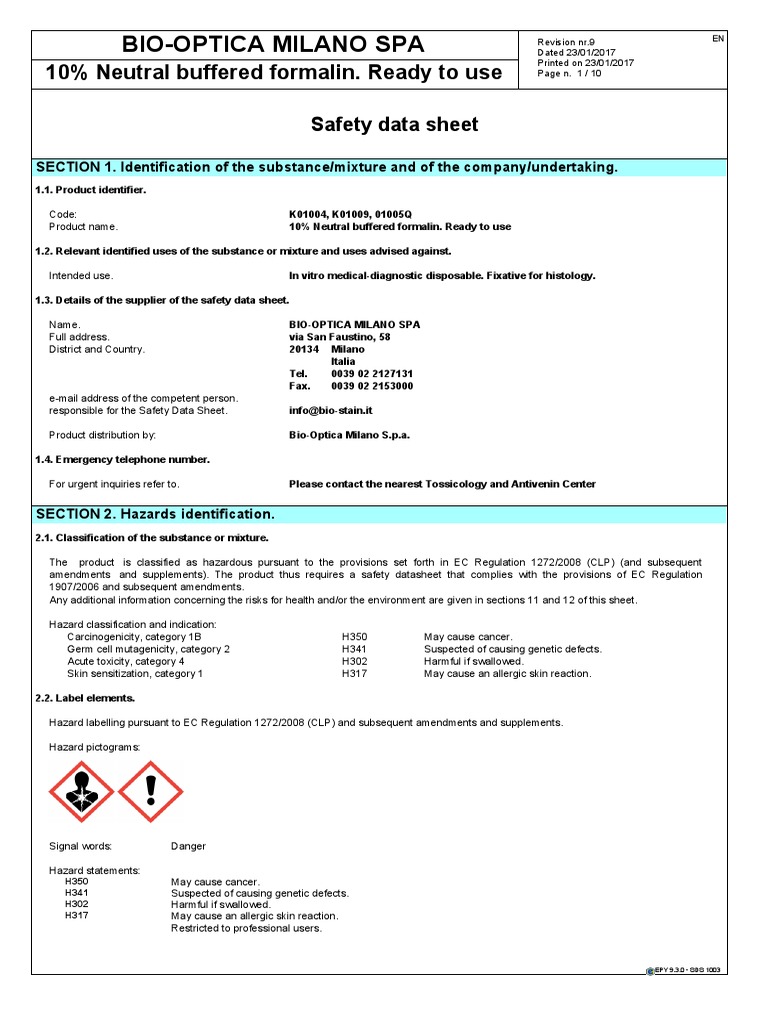 10% Nuetral Buffered Formalin 05-K01004 | PDF | Personal Protective ...