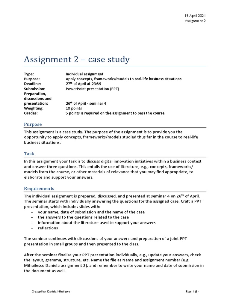 Assignment 2 - Case Study: Purpose | PDF | Microsoft Power Point | Business
