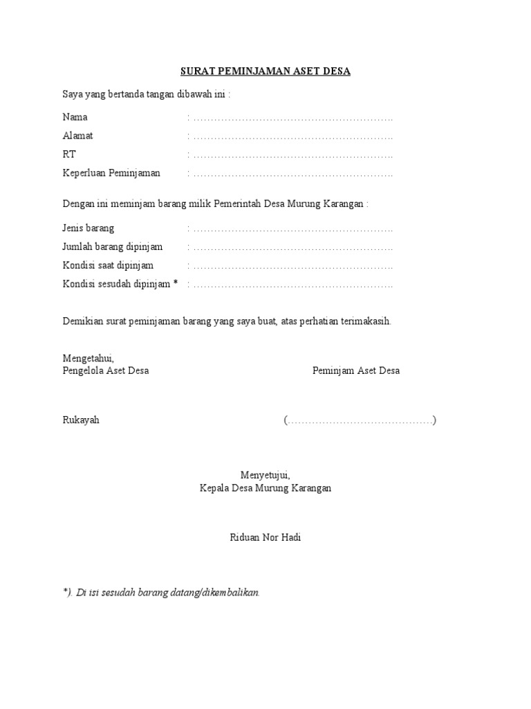 Surat Peminjaman Aset Desa | PDF