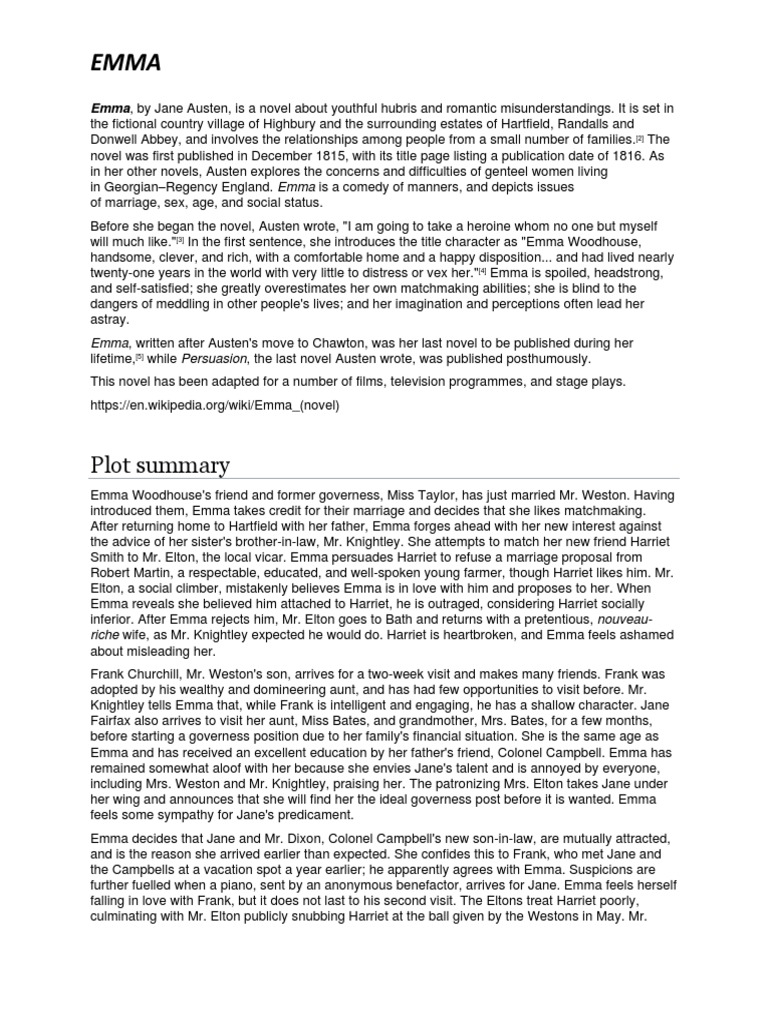 Plot Summary: Emma, by Jane Austen, Is A Novel About Youthful Hubris ...