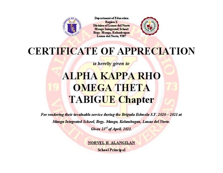 Certificate of Appreciation Alpha Kappa Rho Omega Theta TABIGUE Chapter ...