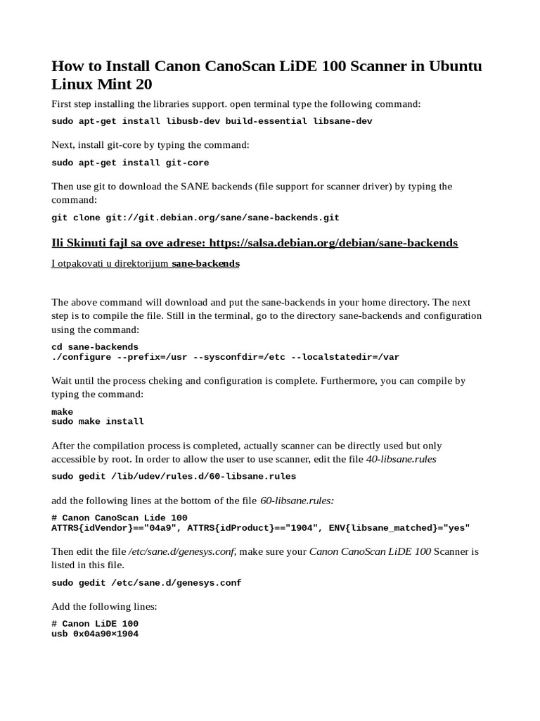 How To Install Canon CanoScan LiDE 100 Scanner in Ubuntu Linux Mint 20 | PDF | Sudo | Image Scanner