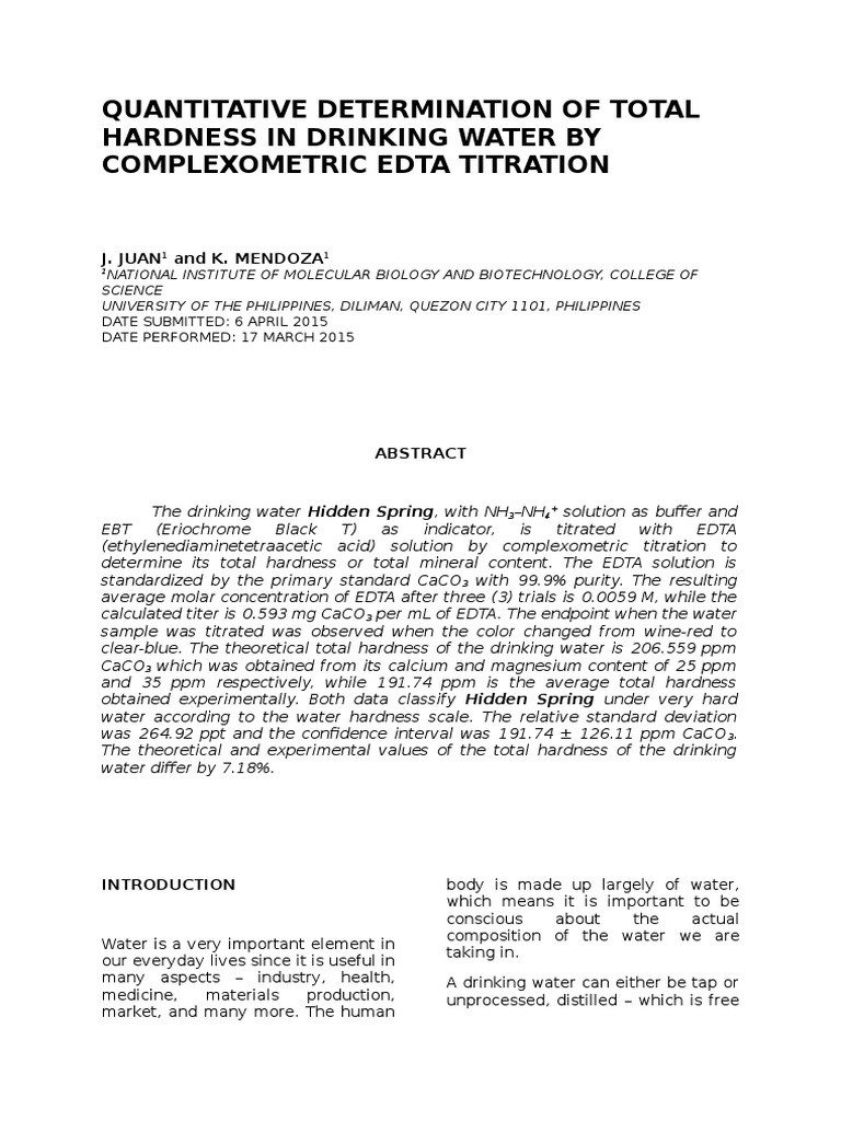 Quantitative Determination of Total Hardness in Drinking Water by Complexometric EDTA Titration ...
