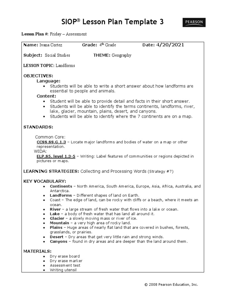 Siop Lesson Plan Template 3: Ivana Cortez 4 Grade Social Studies ...