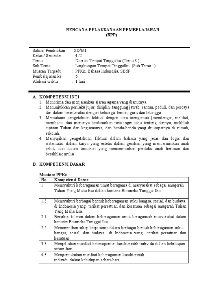 1.5. RPP Tema 8 Sub 1 PPKN, Bahasa Indonesia, SBDP | PDF