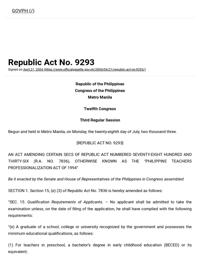 Republic Act No. 9293 | PDF | Licensure | Teachers