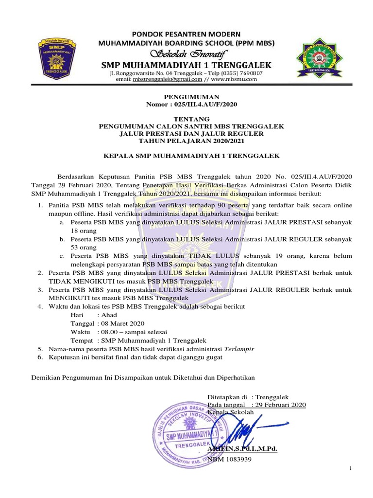 Pengumuman Hasil Seleksi PSB MBS 2020 | PDF
