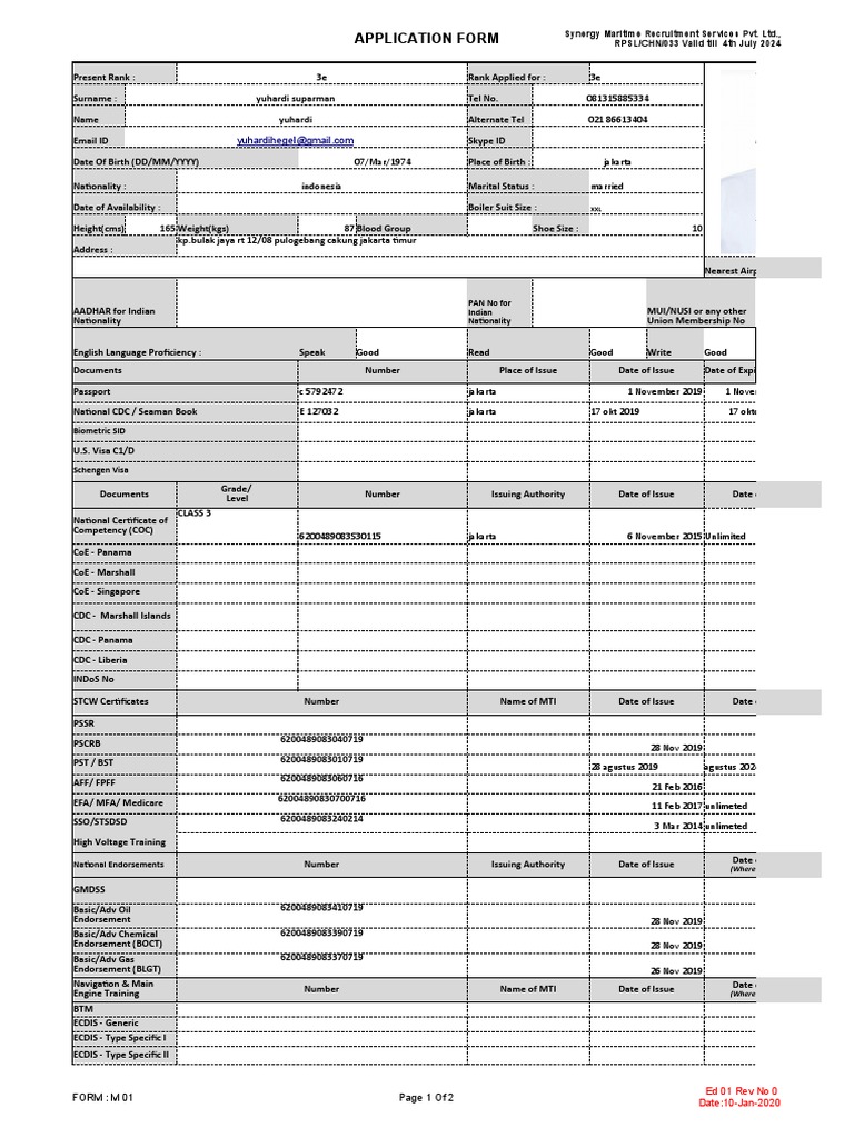 Application Form: Synergy Maritime Recruitment Services Pvt. LTD., RPSL ...