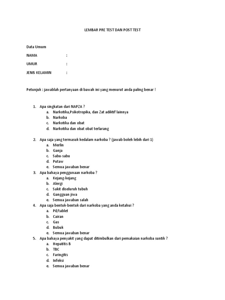 Lembar Pre Test Dan Post Test Napza | PDF