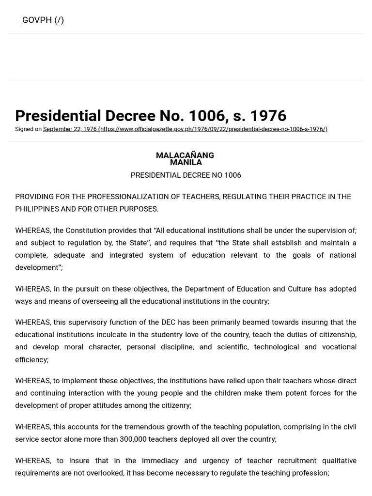 Regulating the Teaching Profession in the Philippines: Presidential ...