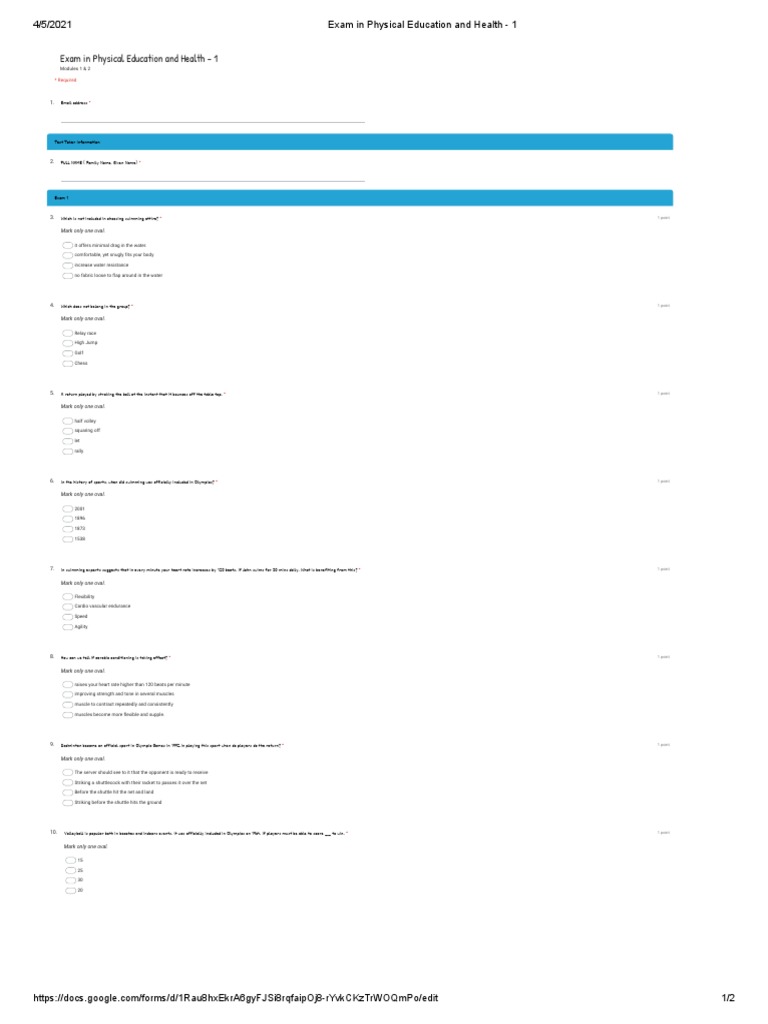 Exam in Physical Education and Health - 1 - Google Forms | PDF ...