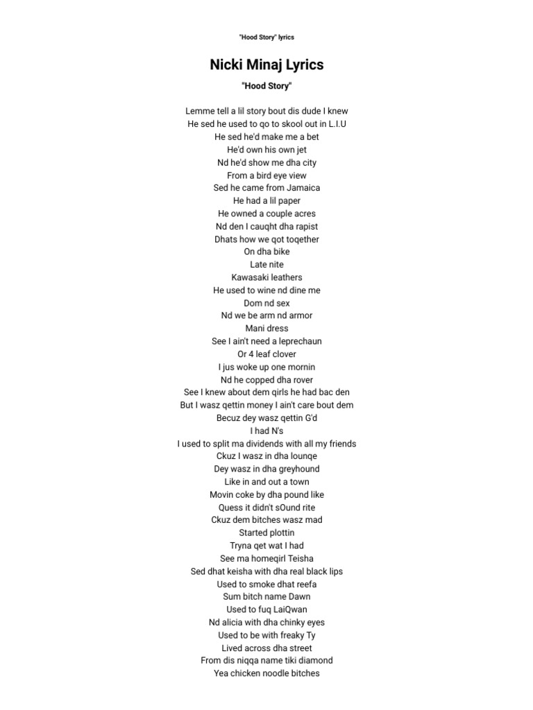 Nicki Minaj - Hood Story Lyrics | PDF