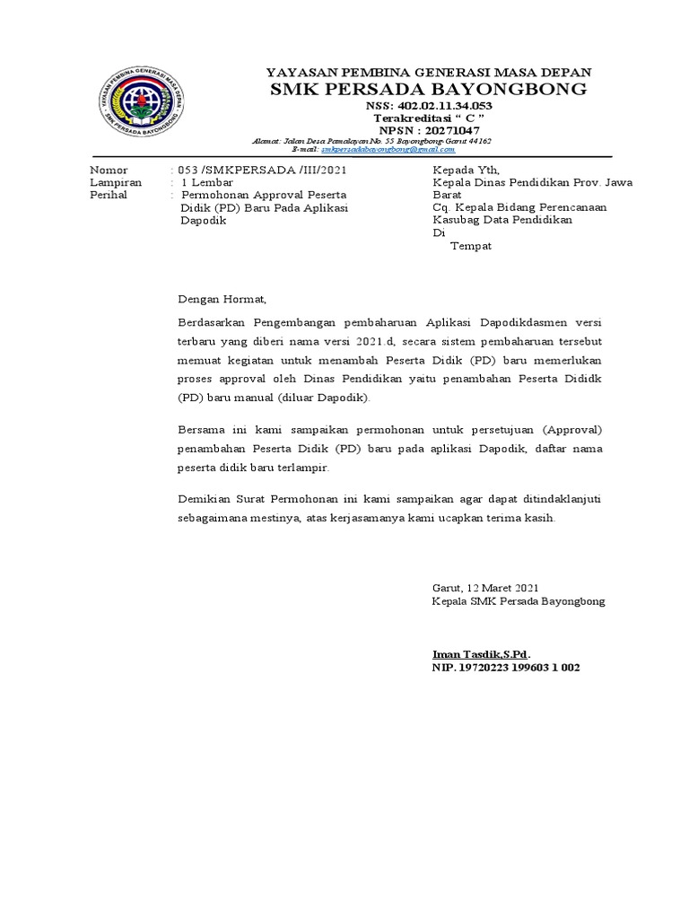 Surat Permohonan Approval Peserta Didik Baru SMK Persada Bayongbong | PDF