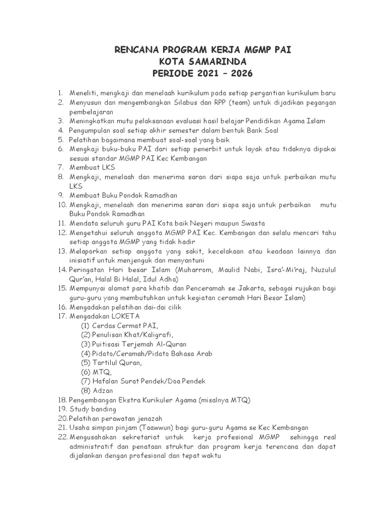 Rencana Kerja MGMP PAI Samarinda 2021-2026 | PDF