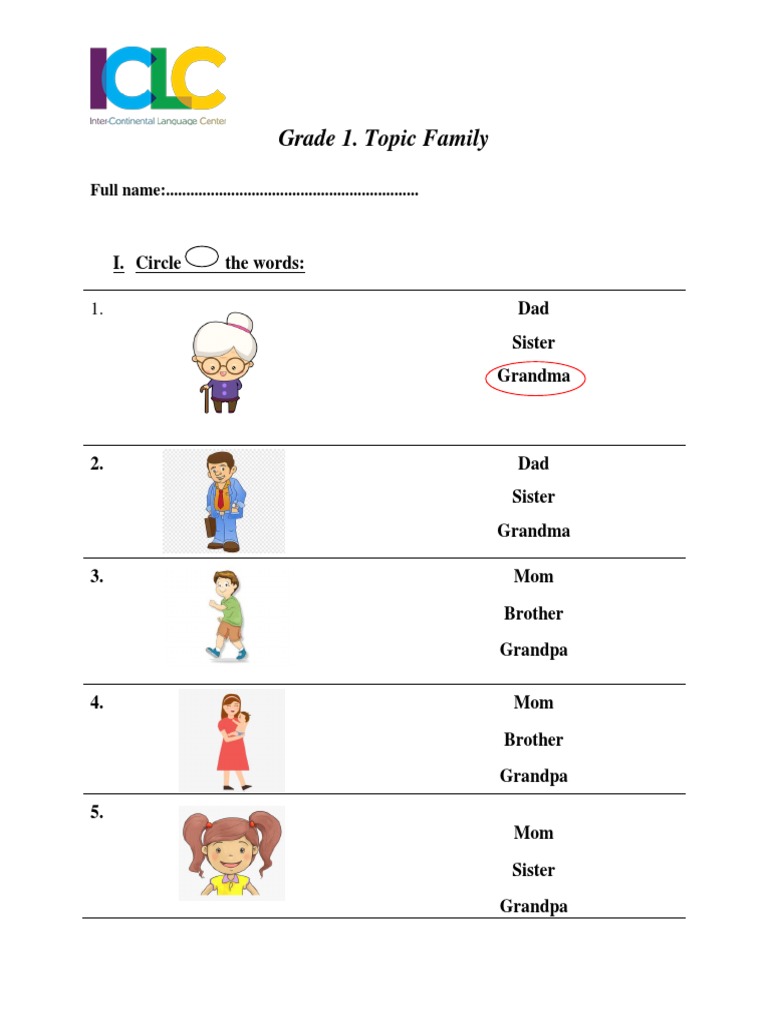Family Members Worksheet for Grade 1 | PDF