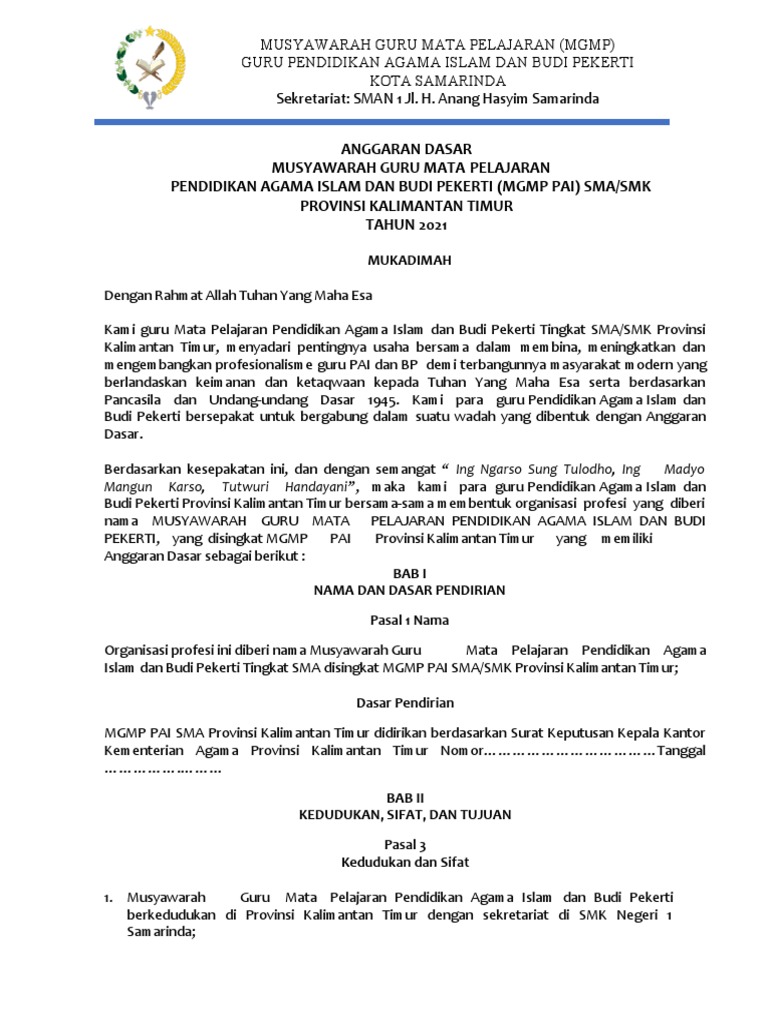 AD ART MGMP Prov Kalimantan Timur | PDF