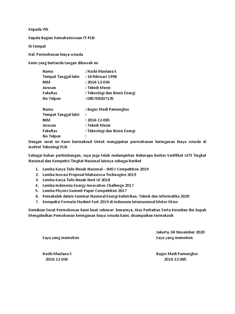 SURAT PERMOHONAN Biaya Wisuda | PDF