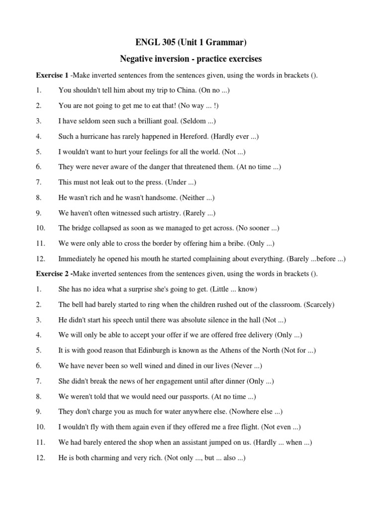 ENGL 305 (Unit 1 Grammar) Negative Inversion - Practice Exercises | PDF ...