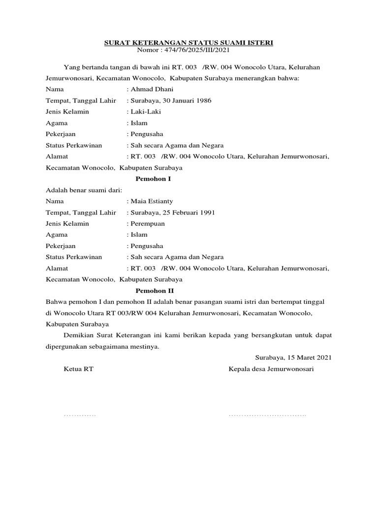 Surat Keterangan Status Suami Istri | PDF