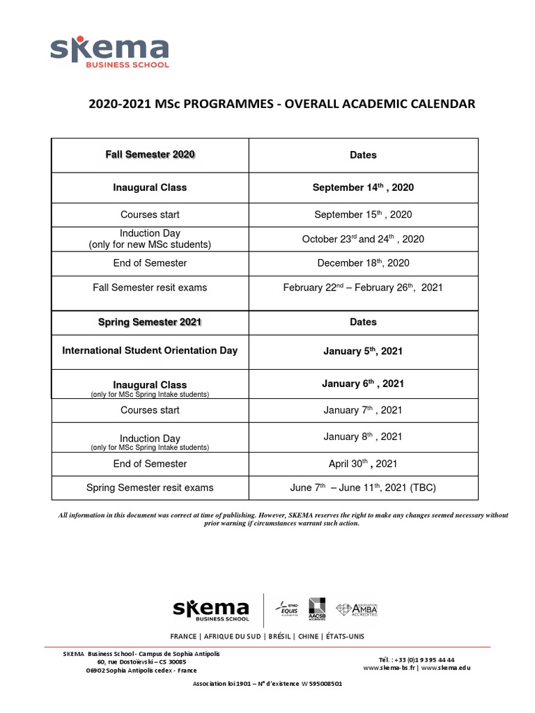 ACADEMIC CALENDAR 2020-2021 M2-MSc OVERALL | PDF
